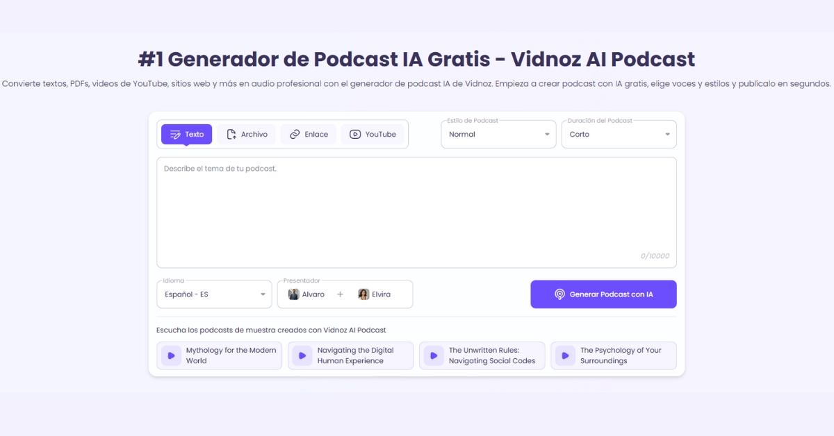 Generador de Podcast IA Todo en Uno | Vidnoz AI Podcast